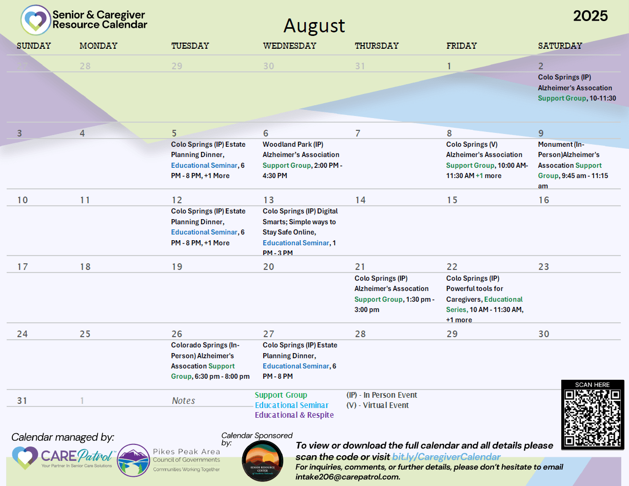 August Caregiver Resource Calendar - CarePatrol of Colorado Springs ...