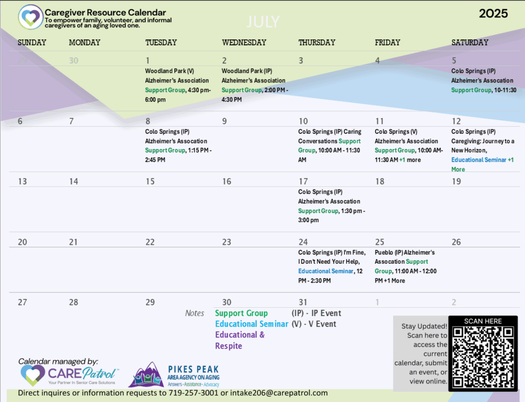 July Caregiver Resource Calendar - CarePatrol of Colorado Springs - Pueblo